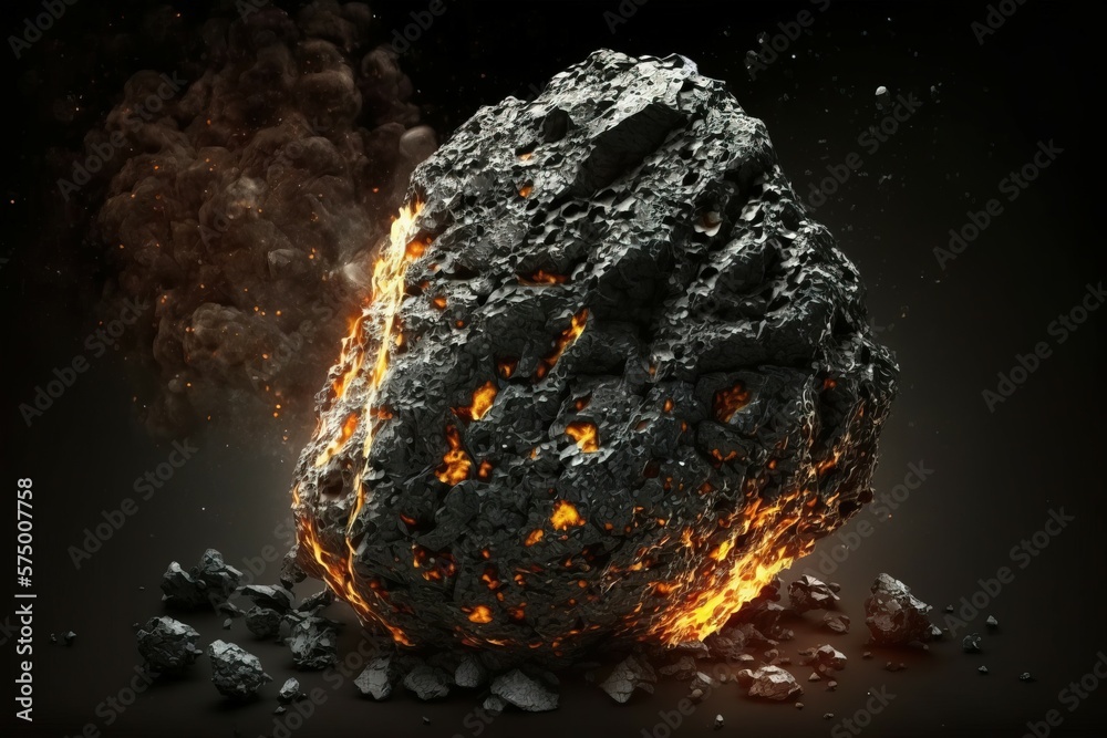 realistic meteor asteroid with lava on its body, fire burning in the ...