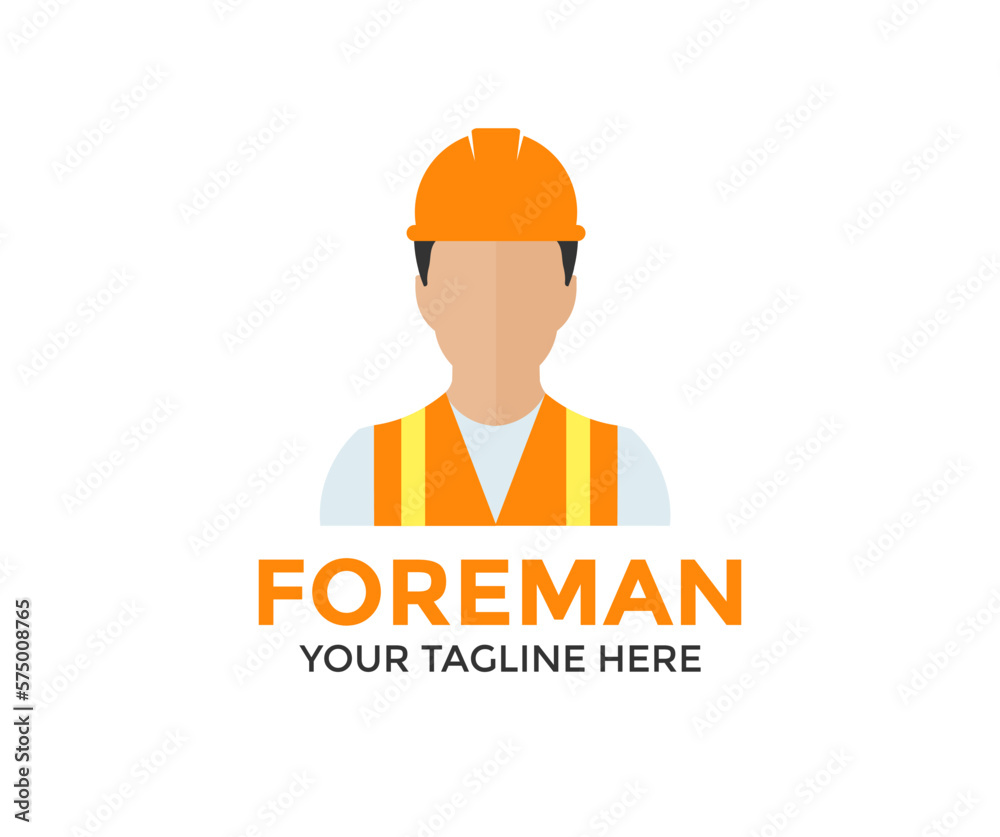 Foreman male in orange safety hard hat helmet and vest logo design ...