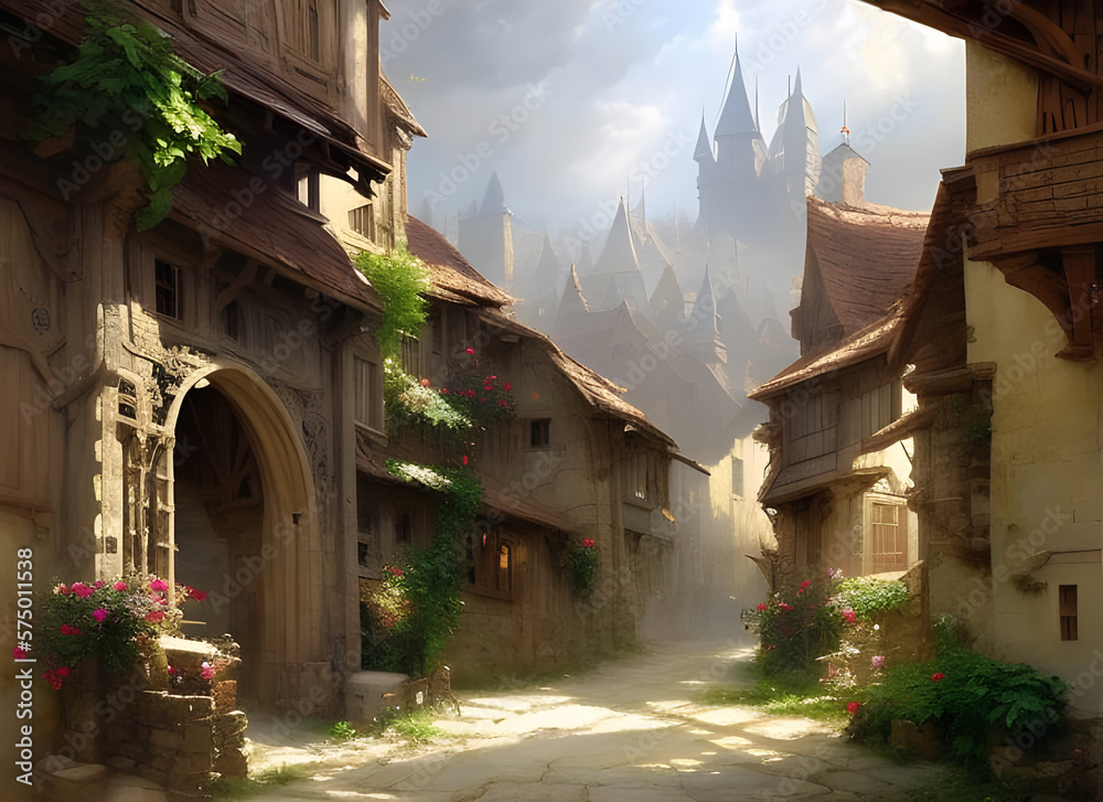 fantasy storybook type illustration of a medieval town with ancient ...