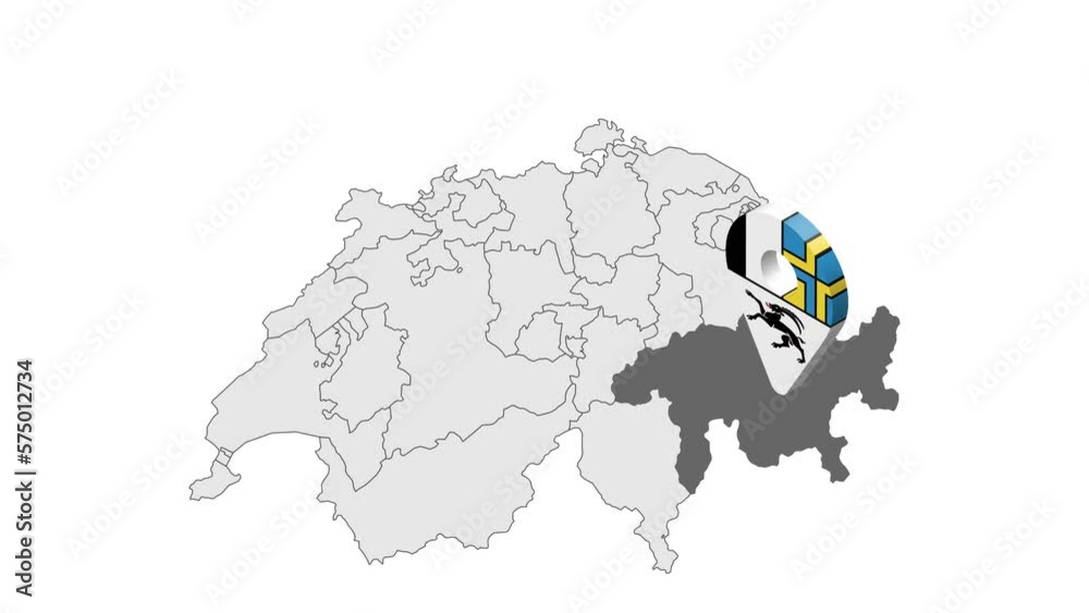 Location Canton of Grisons on map Switzerland. 3d Grisons Canton flag ...