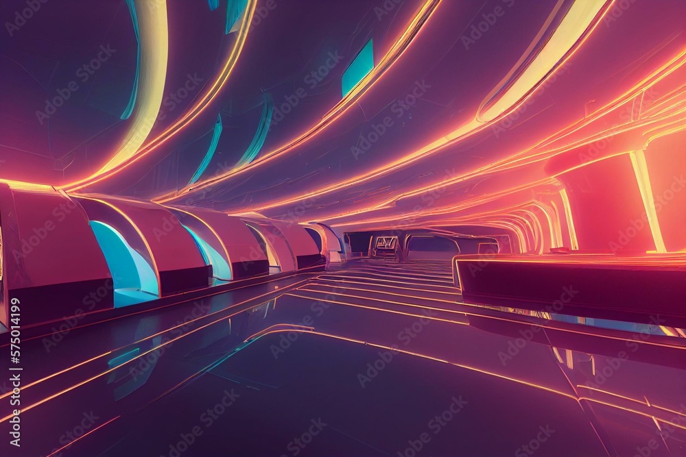 Full 360 panorama of futuristic neon light building interior with sci ...