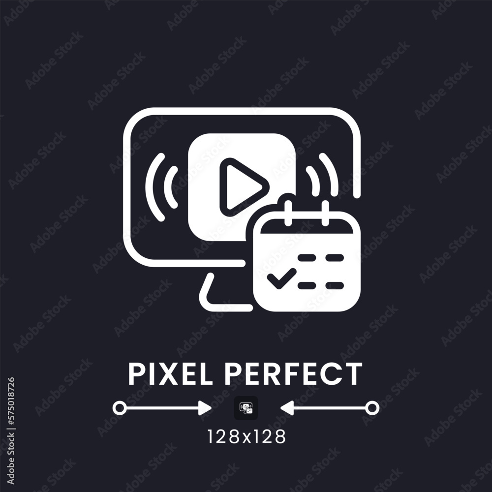Vetor de Watch Event white solid desktop icon. Pre-recorded broadcast ...