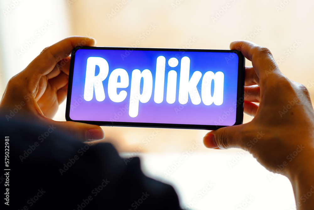 February 24, 2023, Brazil. In this photo illustration the Replika logo ...