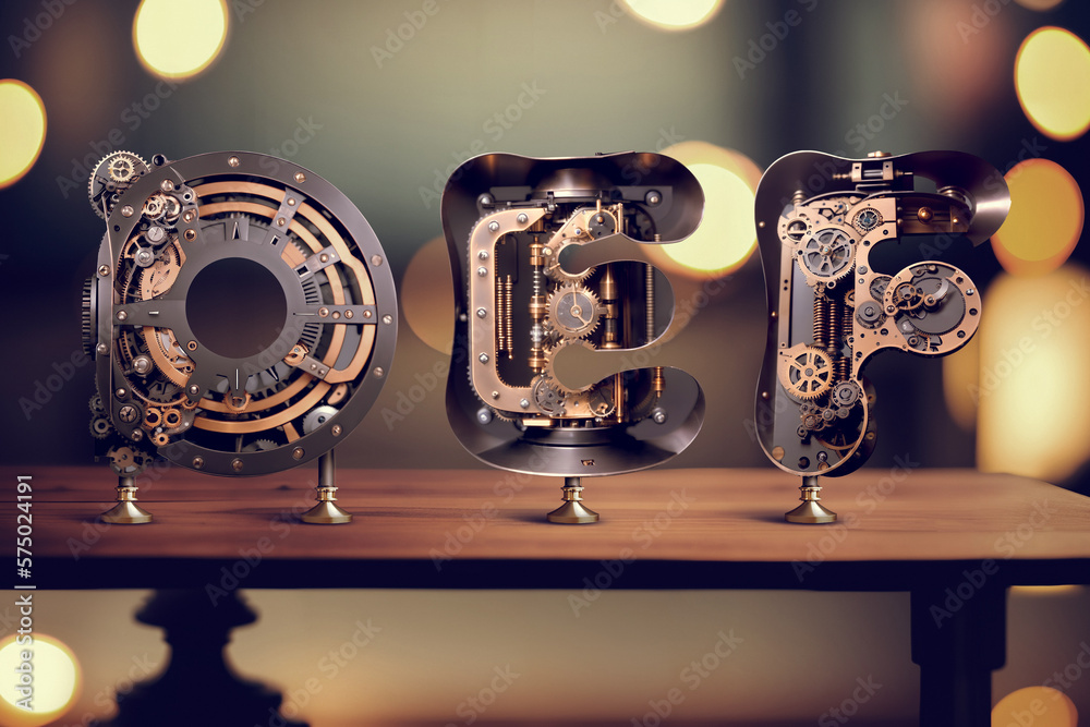 Vintage steampunk style letters standing on the table with blurred ...