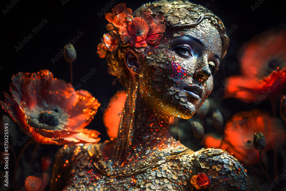 A fantasy portrait of ancient Roman goddess Venus with red poppies ...