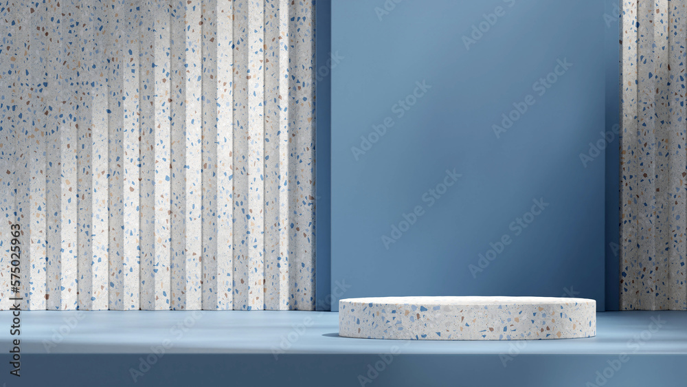 blue terrazzo podium in landscape blue color terrazzo textured wall, 3d ...
