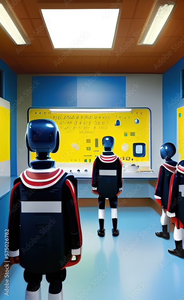 Classroom of the future with humanoid robot students staring at work on ...