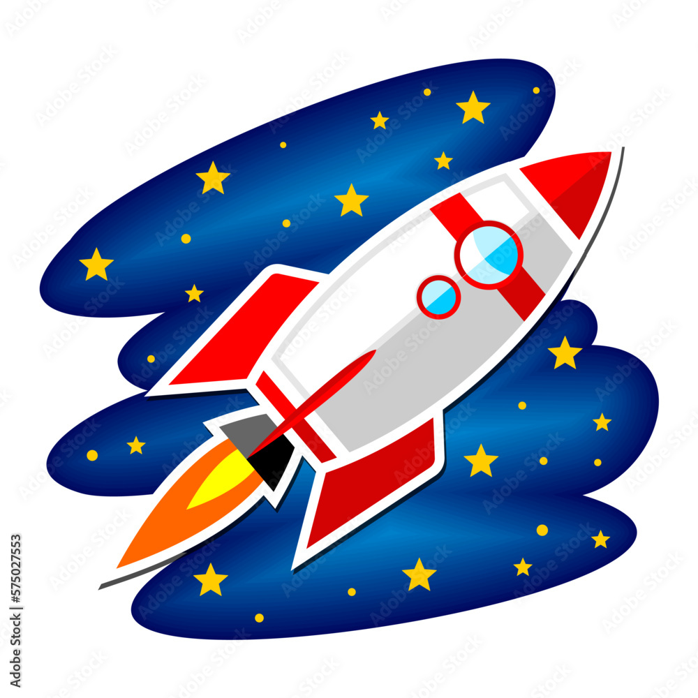 Cartoon rocket and stars in space sky. Vector on transparent background ...