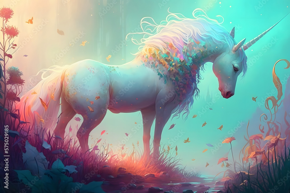 Magic unicorn in fantastic world with fluffy clouds and fairy meadows ...