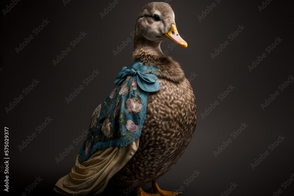 Duck wearing a pretty historic cape against dark background. Generative ...