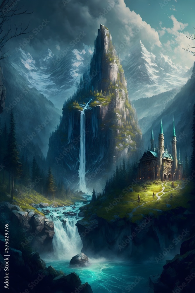 epic fantasy landscape dramatic light high viewpoint tall snowy ...