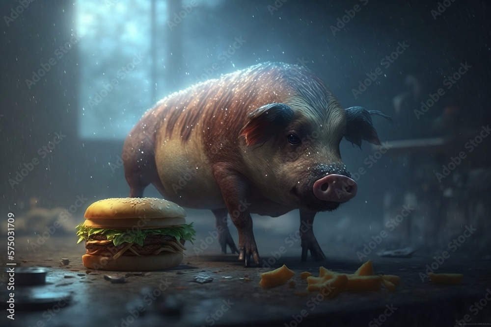 pig eating a juicy burger, hamburger with pig, space for text ...
