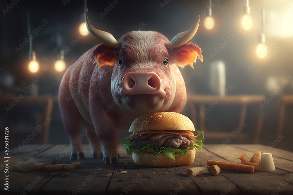 pig eating a juicy burger, hamburger with pig, space for text ...