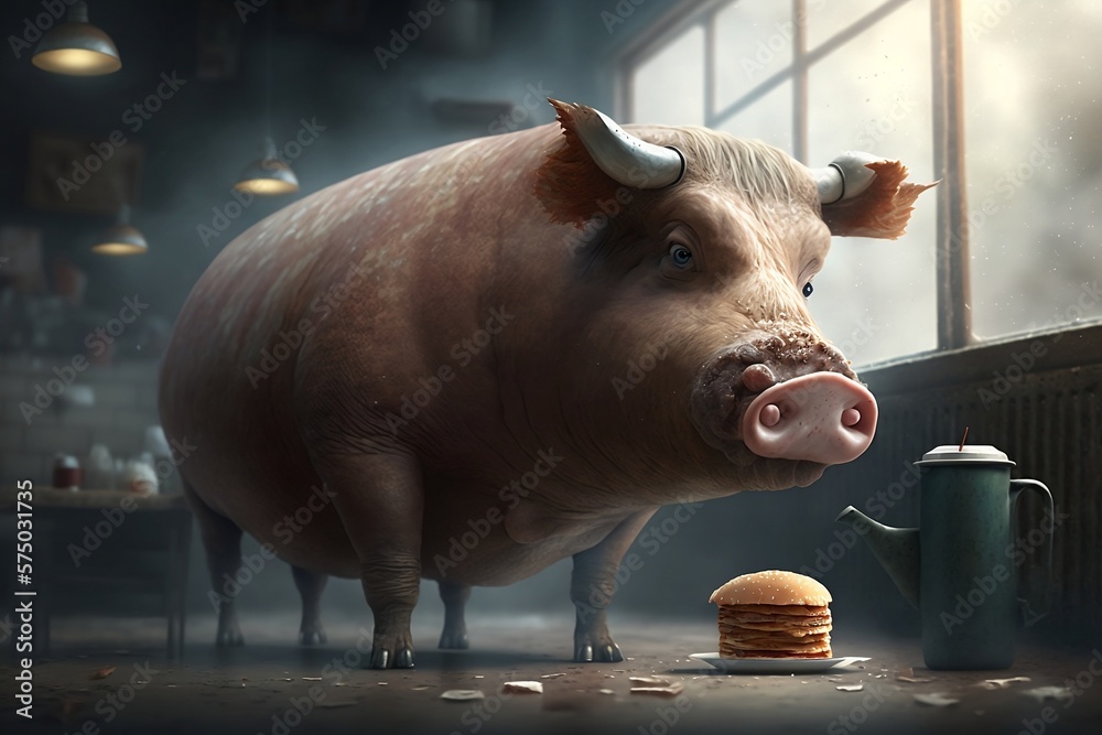 pig eating a juicy burger, hamburger with pig, space for text ...