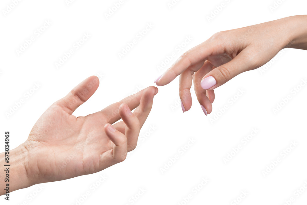 Male and female hands stretching towards each other, cut out Stock ...