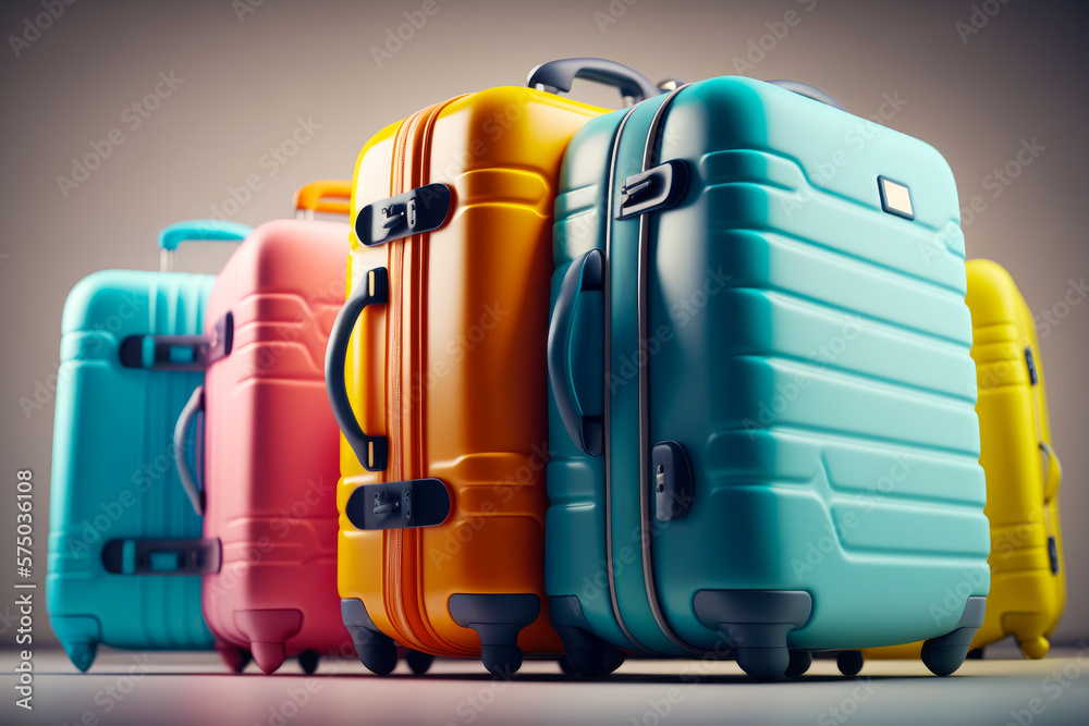 Group of colorful suitcases are lined up in row. Generative AI. Stock ...