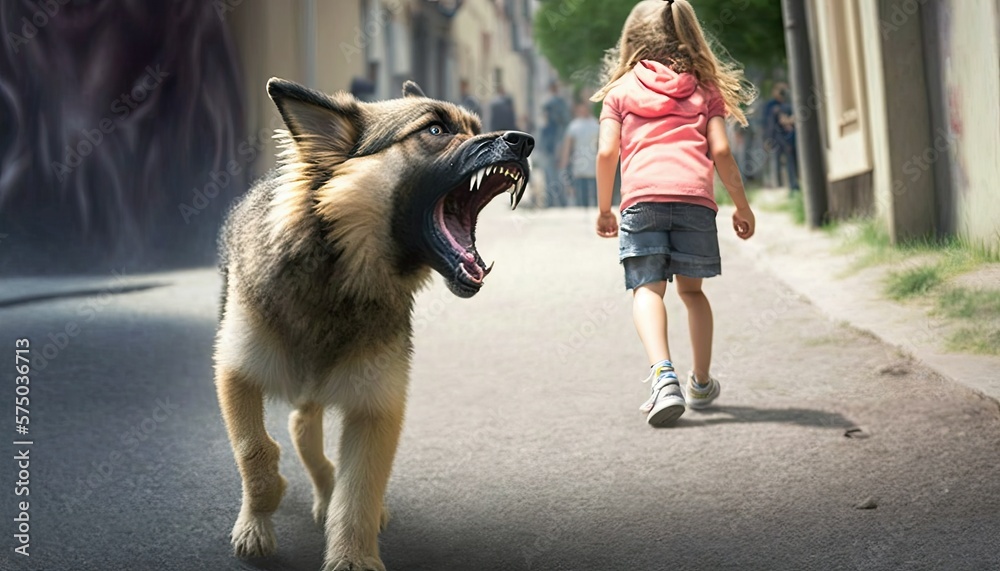 Big terrible stray dog barking and growls on little girl walking street ...