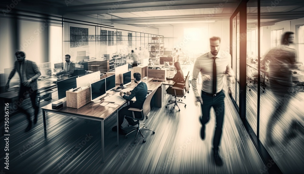 Motion blurred open space office with employees on beautiful sunlight ...