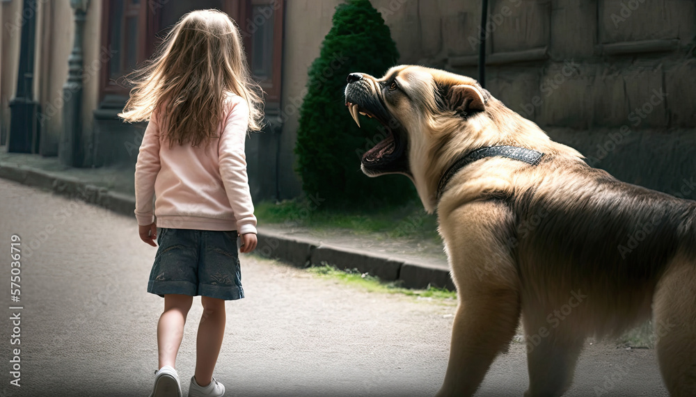 Big terrible stray dog barking and growls on little girl walking street ...