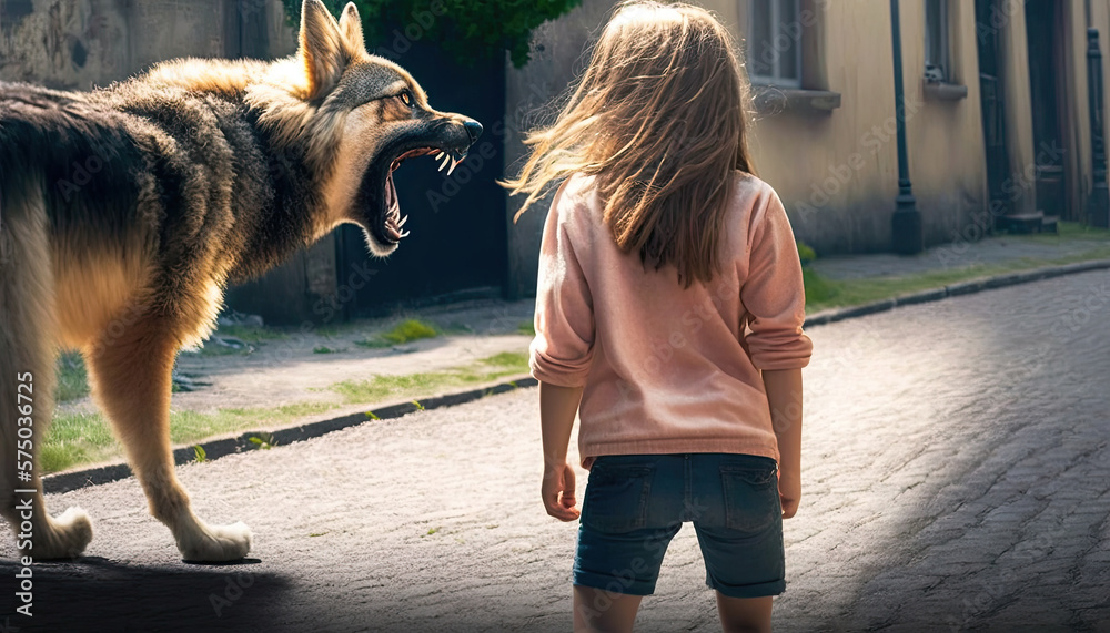 Big terrible stray dog barking and growls on little girl walking street ...