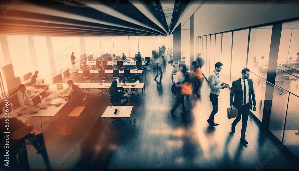 Motion blurred open space office with employees on beautiful sunlight ...