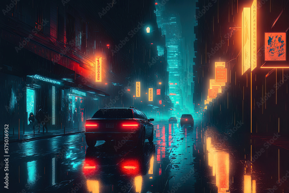 Night neon city in the rain, reflection of neon light in puddles and ...