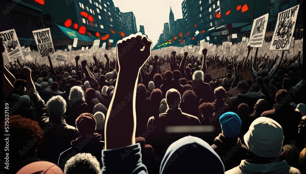 Protesting crowd people on city street with raised fist rear view, anti ...