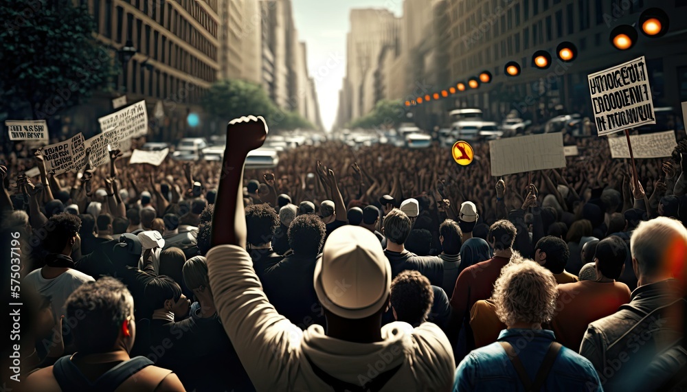 Protesting crowd people on city street with raised fist rear view, anti ...