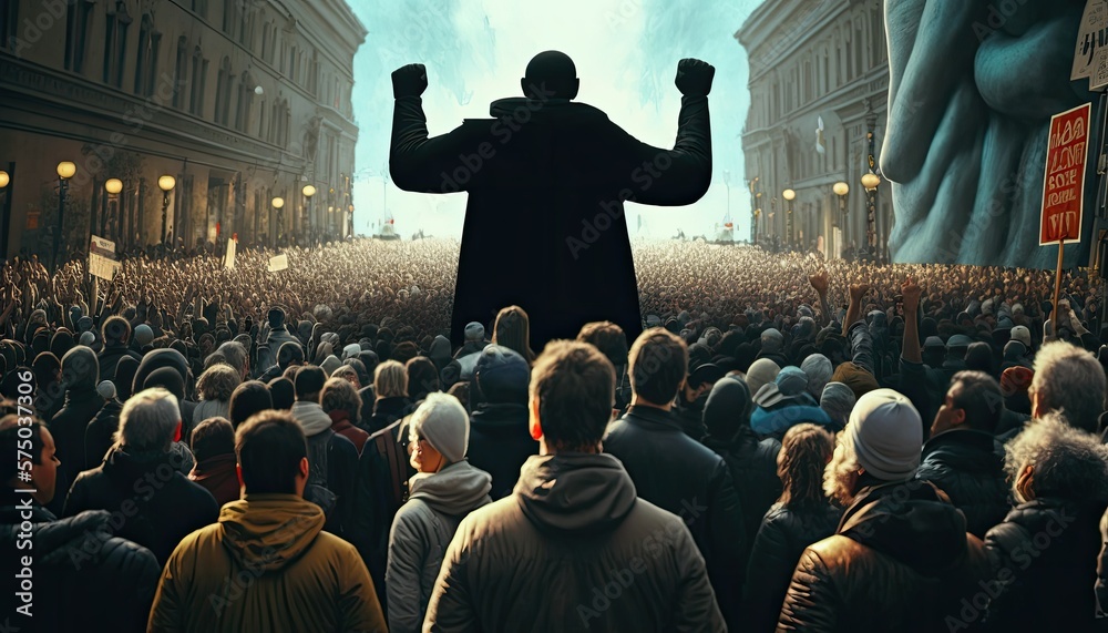 Protesting crowd people on city street with raised fist rear view, anti ...