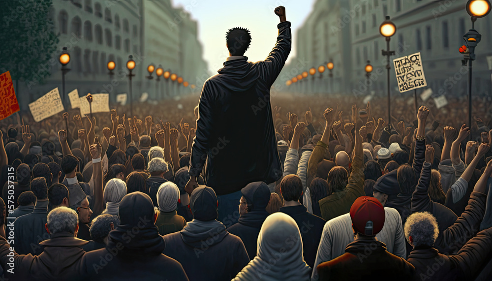 Protesting crowd people on city street with raised fist rear view, anti ...