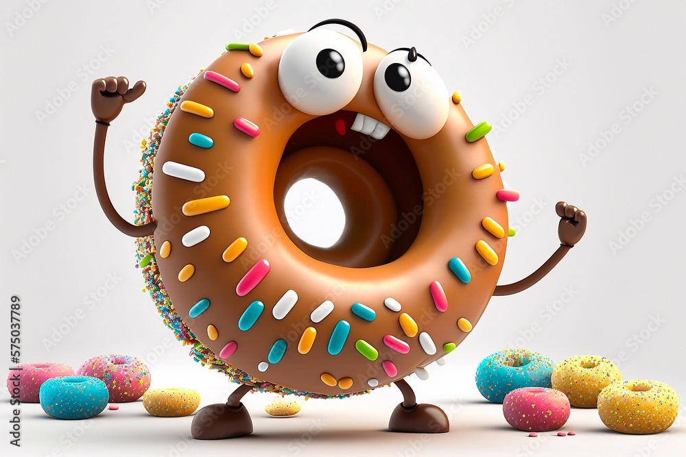 Funny colored donut cartoon character on light white background ...