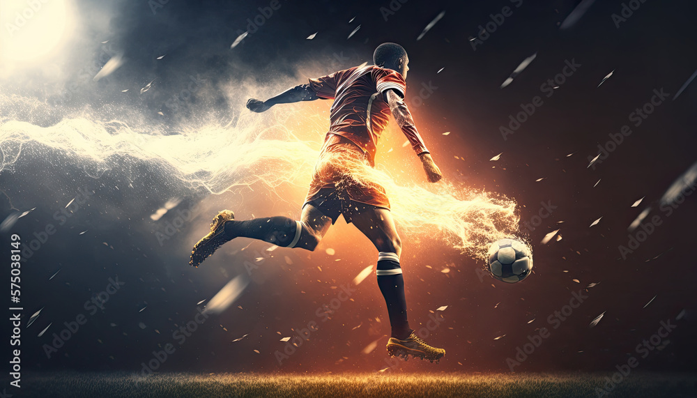 Powerful hit ball with fire trail effect of soccer player at football ...