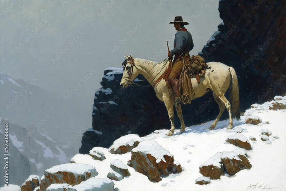 Cowboy standing on the edge of a steep mountain gazing at the valley ...