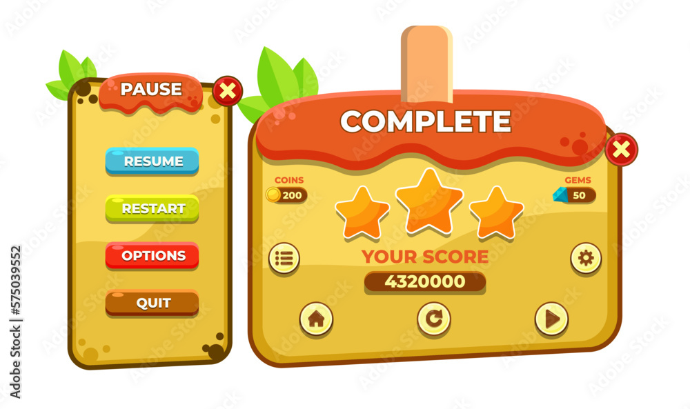 Complete set of level button game pop-up, icon, window and elements for ...