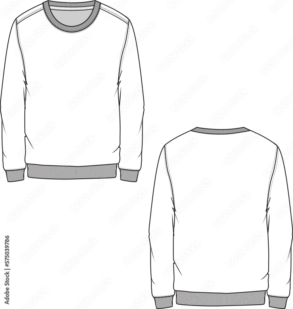 Mens Crew neck Sweatshirt fashion Flat Sketches technical drawing ...