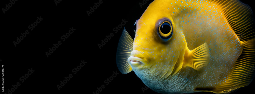 Bright yellow Tang fish on black background. Image created with ...
