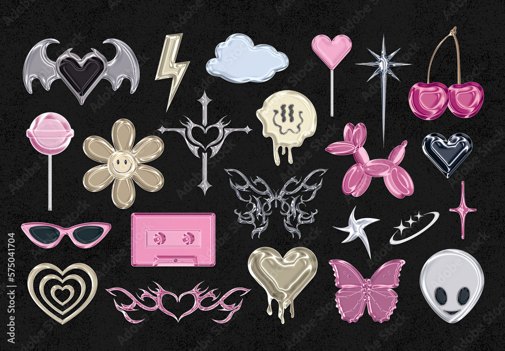 Y2K Metallic Sticker Illustrations Set Stock Template | Adobe Stock