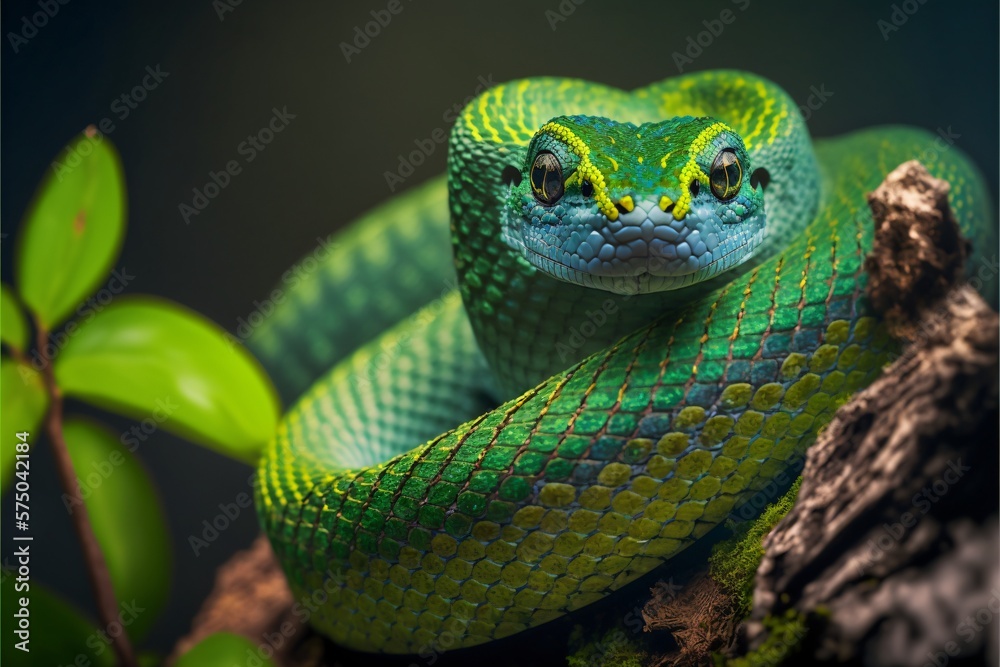 rainforest reptilian, close up of a jungle snake, bamboo viper ...