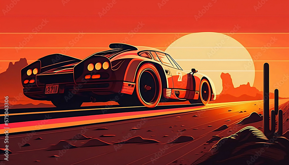 vintage retro style illustration of a retro sport super car on road at ...