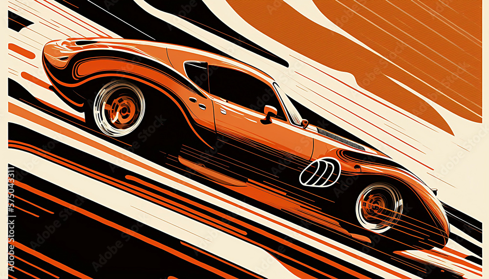 vintage retro style illustration of a retro sport super car on road at ...