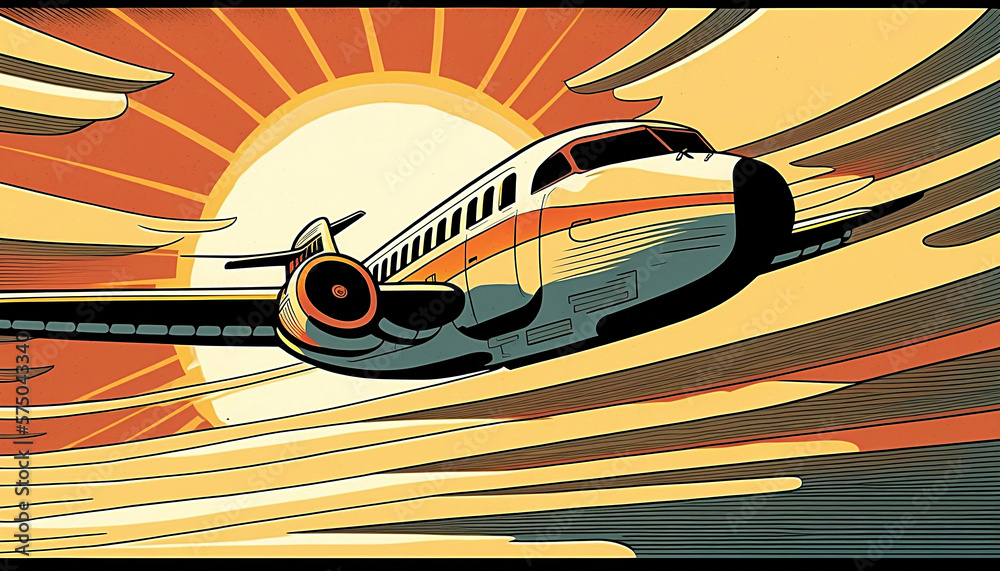 vintage retro style illustration of a passanger plane in sunset sunrise ...