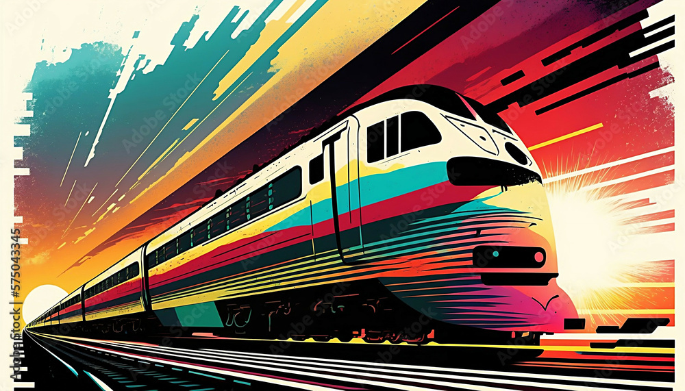vintage retro style illustration of a passanger train at sunset sunrise ...