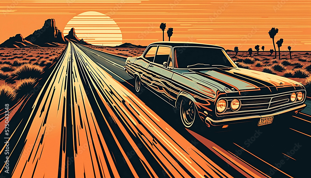 vintage retro style illustration of a retro sport super car on road at ...