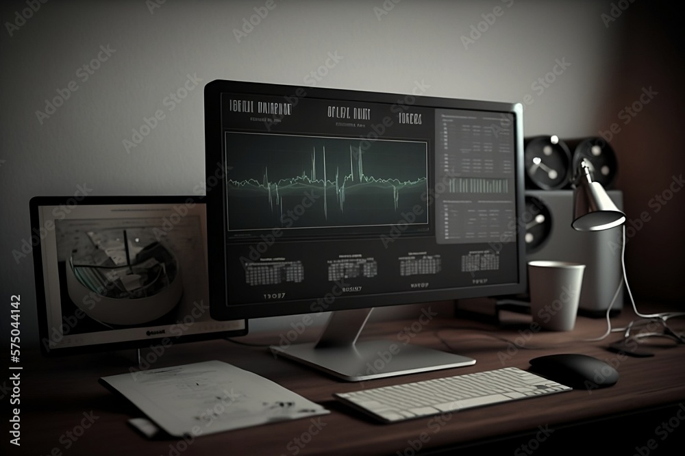 Computer screen with heart beat type graph and other analytics content ...