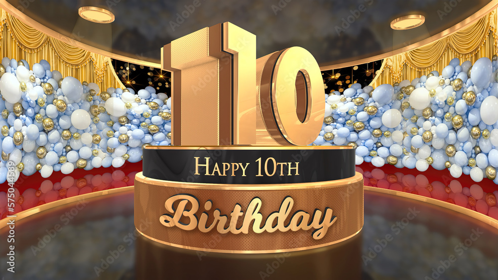 10th Birthday backdrop, poster, flyer 3d render illustration in gold ...