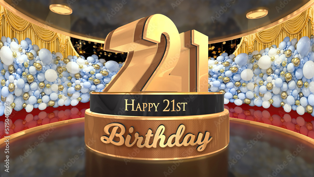 21st Birthday backdrop, poster, flyer 3d render illustration in gold ...