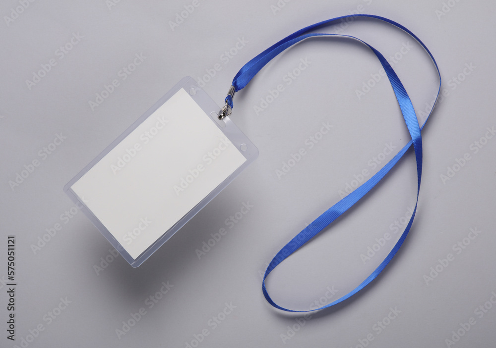 Empty white ID card badge mockup with blue belt on gray background ...