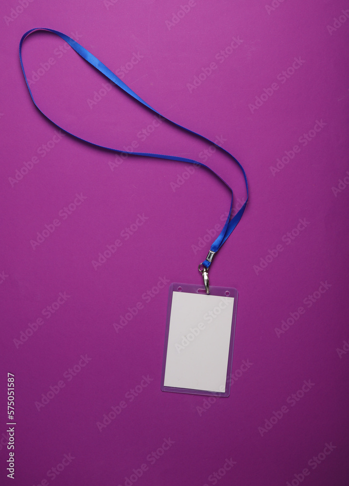 White ID card badge with belt on purple background. Mockup for design ...