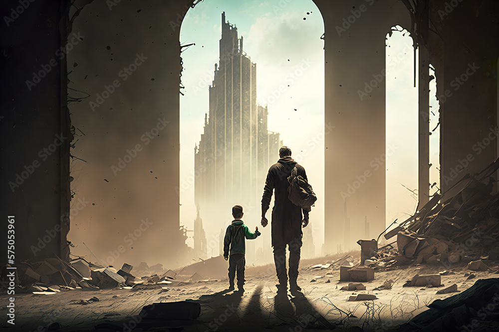 father and son standing in war-torn city, apocalyptic devastation ...