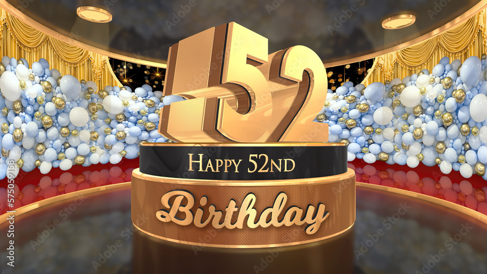 52nd Birthday backdrop, poster, flyer 3d render illustration in gold ...